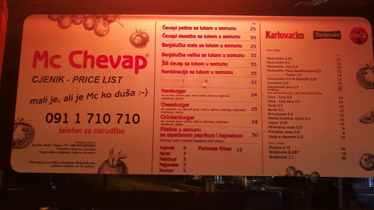 Menu at MC CHEVAP restaurant, Kukuljanovo, Kukuljanovo kod kbr. 347