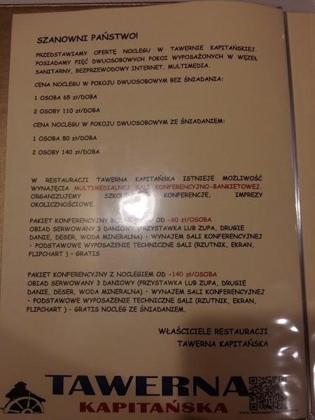 Menu at Tawerna Kapitańska restaurant, Gręzów