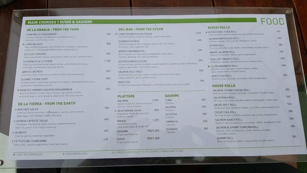 Menu at Above Eleven pub & bar, Bangkok