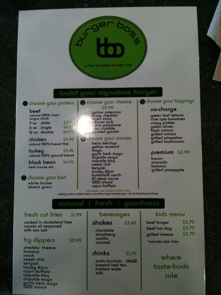 Menu at Burger Boss restaurant, Riverside, Canyon Springs Pkwy
