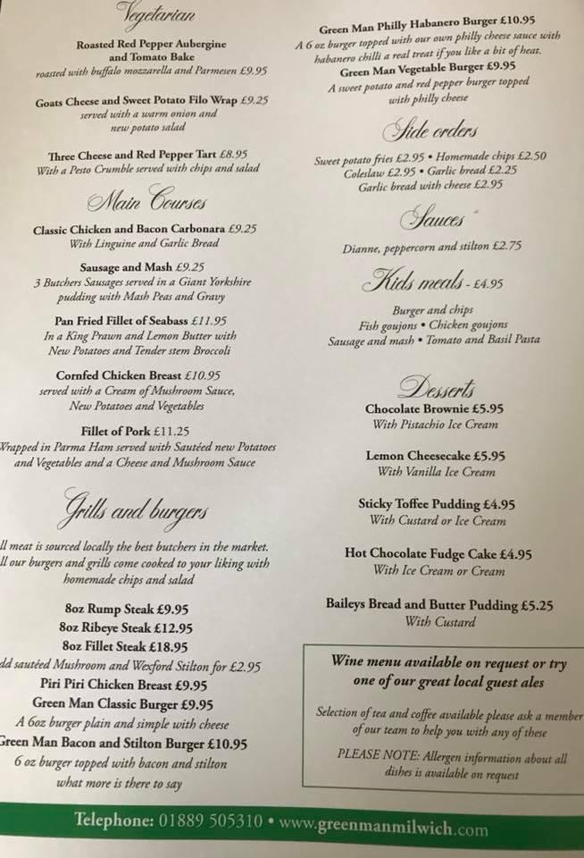 Menu at The Green Man pub & bar, Milwich