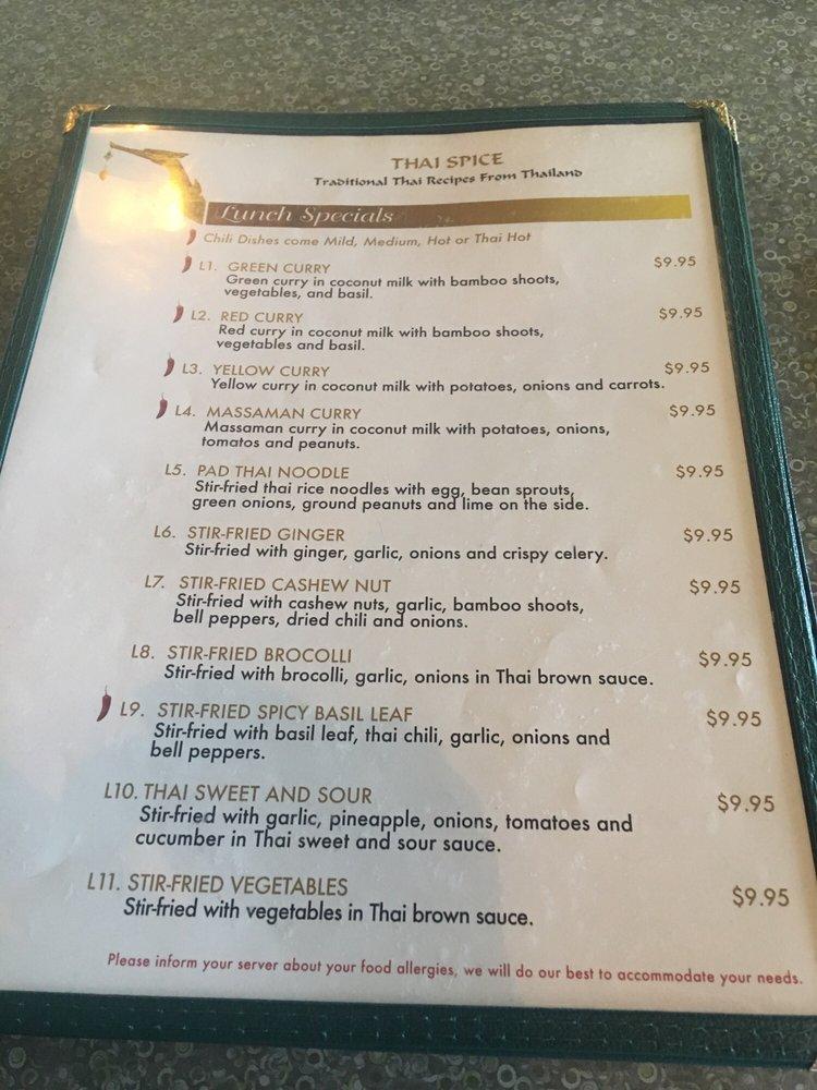 Menu at Thai Spice restaurant, Albuquerque