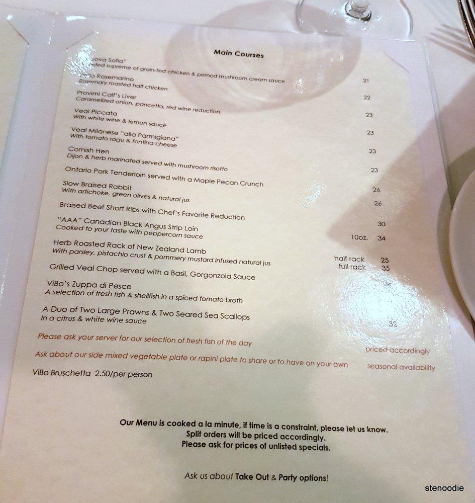 Menu at ViBo Restaurant, Toronto