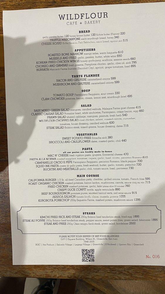 Menu at Wildflour Café + Bakery - Podium, Mandaluyong, The Podium