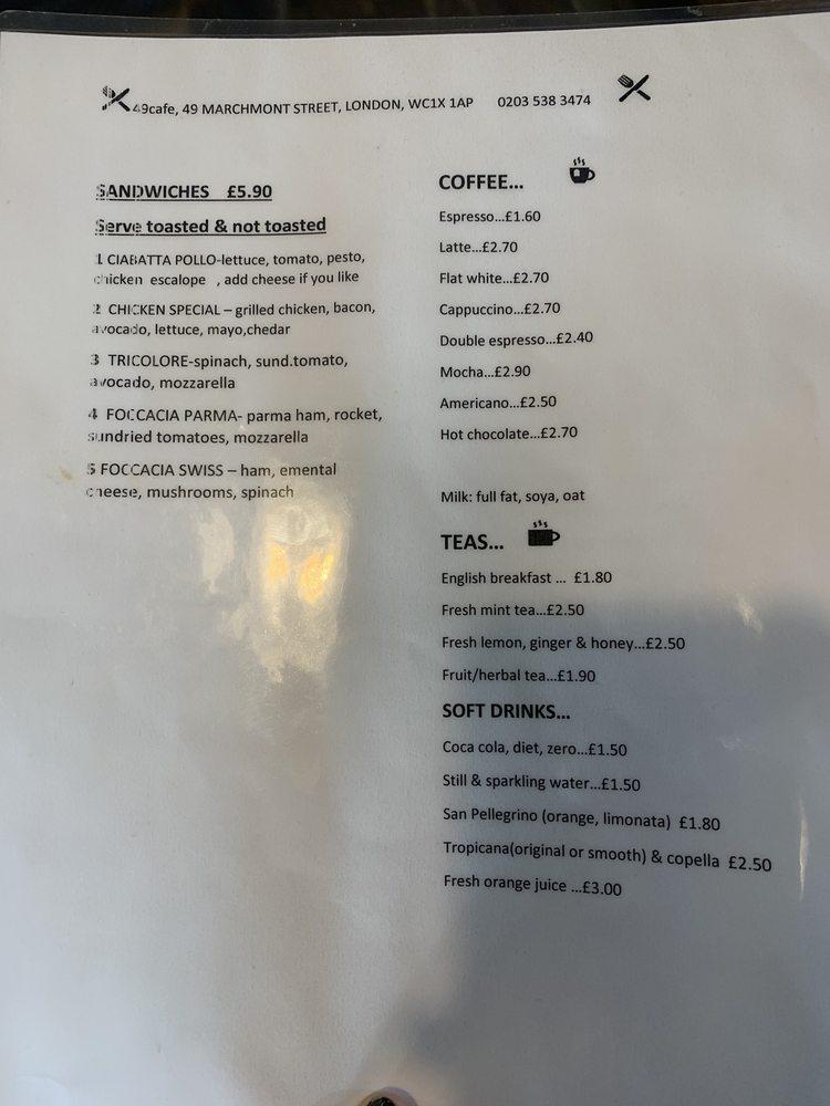 Menu at 49 Cafe, London
