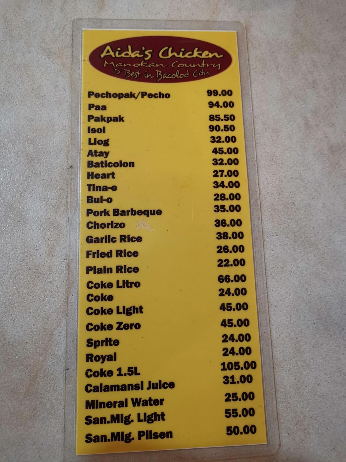 Menu at Aida restaurant, Bacolod