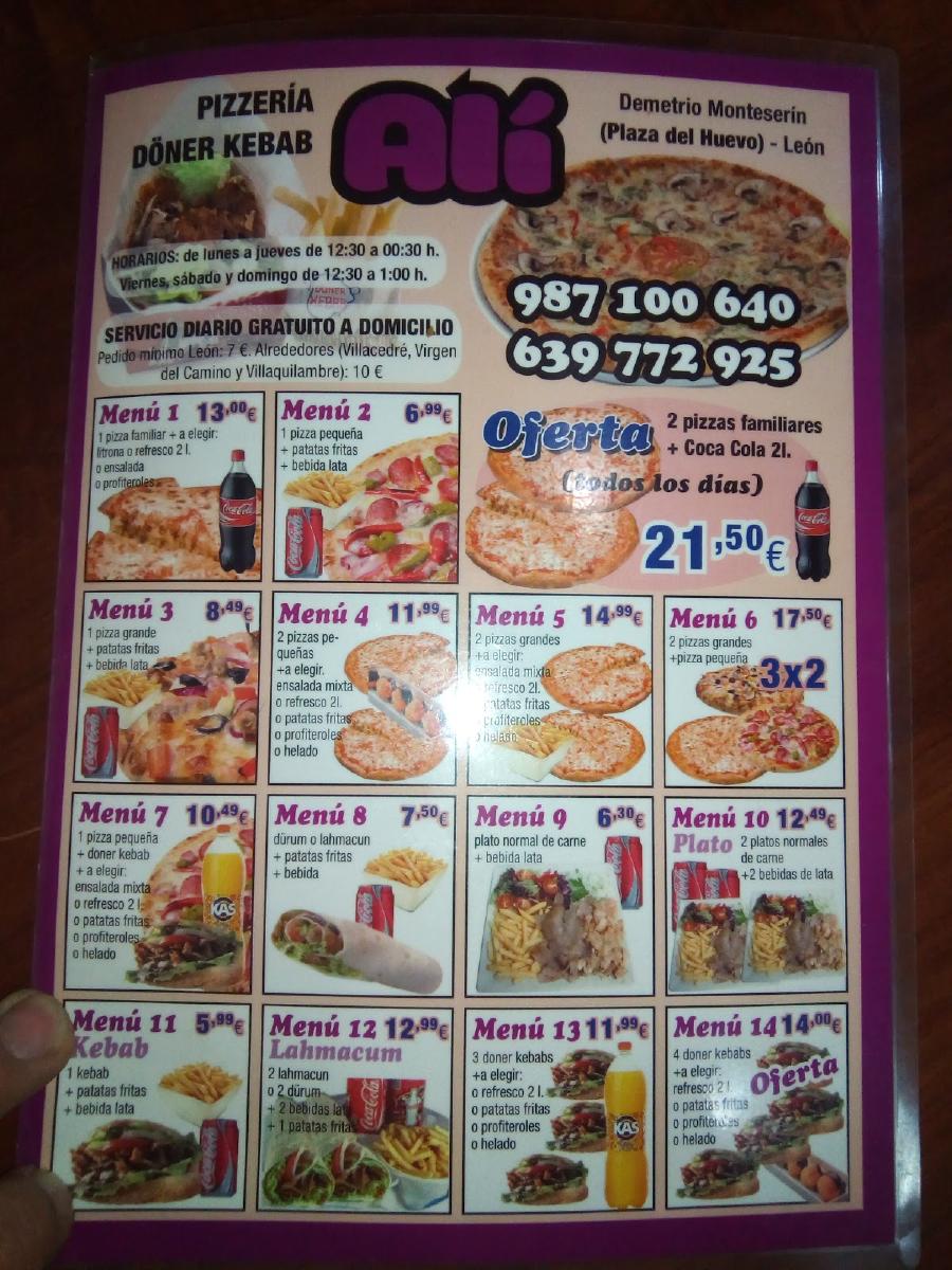 Menu at Pizzeria Ali, León