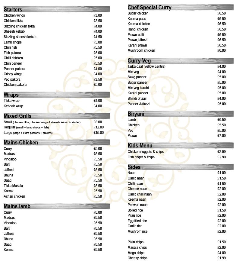 Menu at Bradford Arms pub & bar, Walsall, Milton St