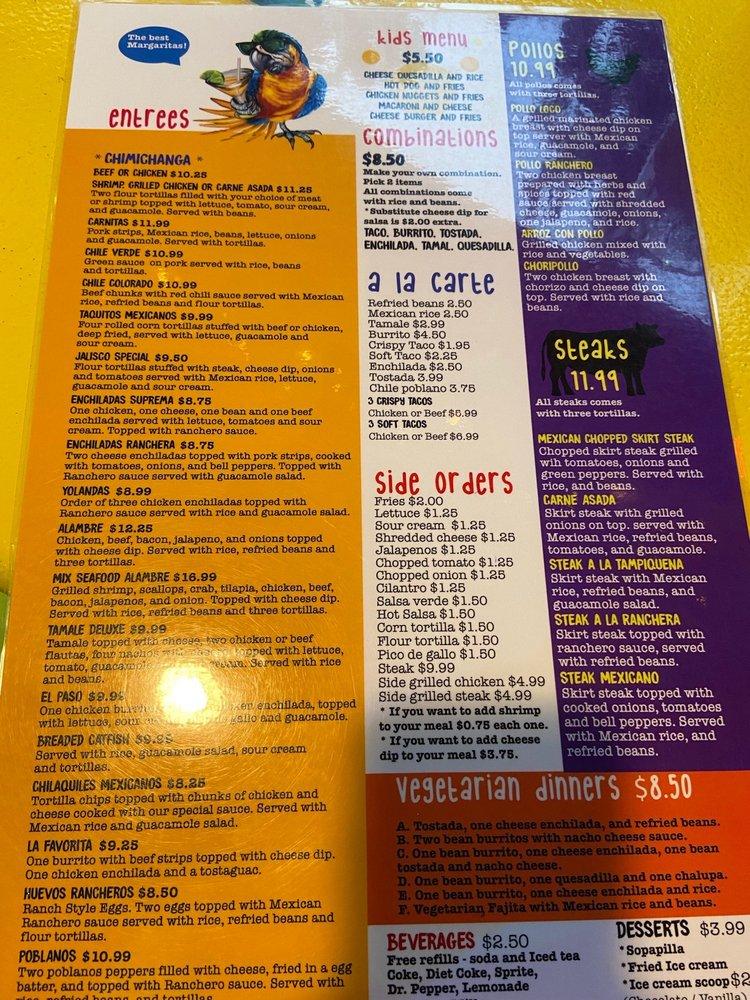 Menu at Chimichanga's Mexican Restaurant, St. Louis