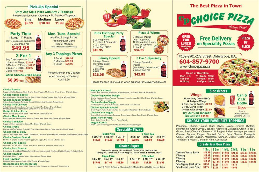 Menu at Choice Pizza Ltd pizzeria, Abbotsford, 272 St #102