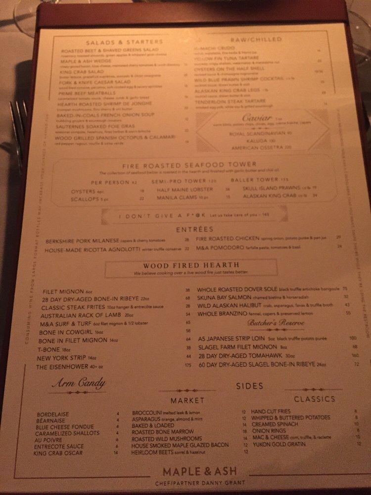 Menu at Maple & Ash steakhouse, Chicago