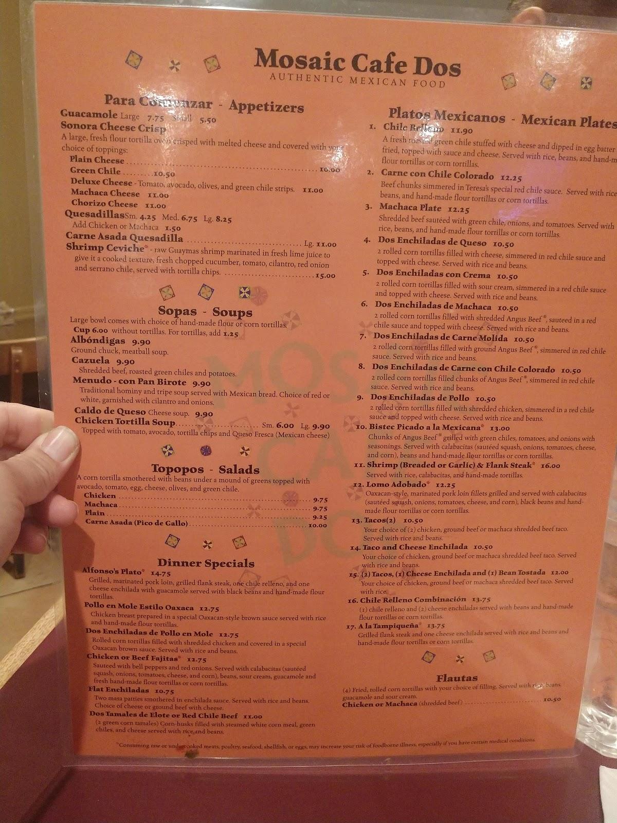 Carta de Mosaic Cafe Dos, Tucson, N La Cholla Blvd # 108