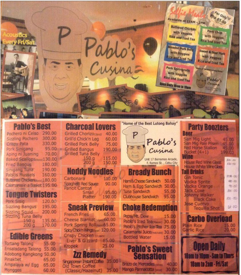 Menu at Pablo's Cusina restaurant, Cebu City