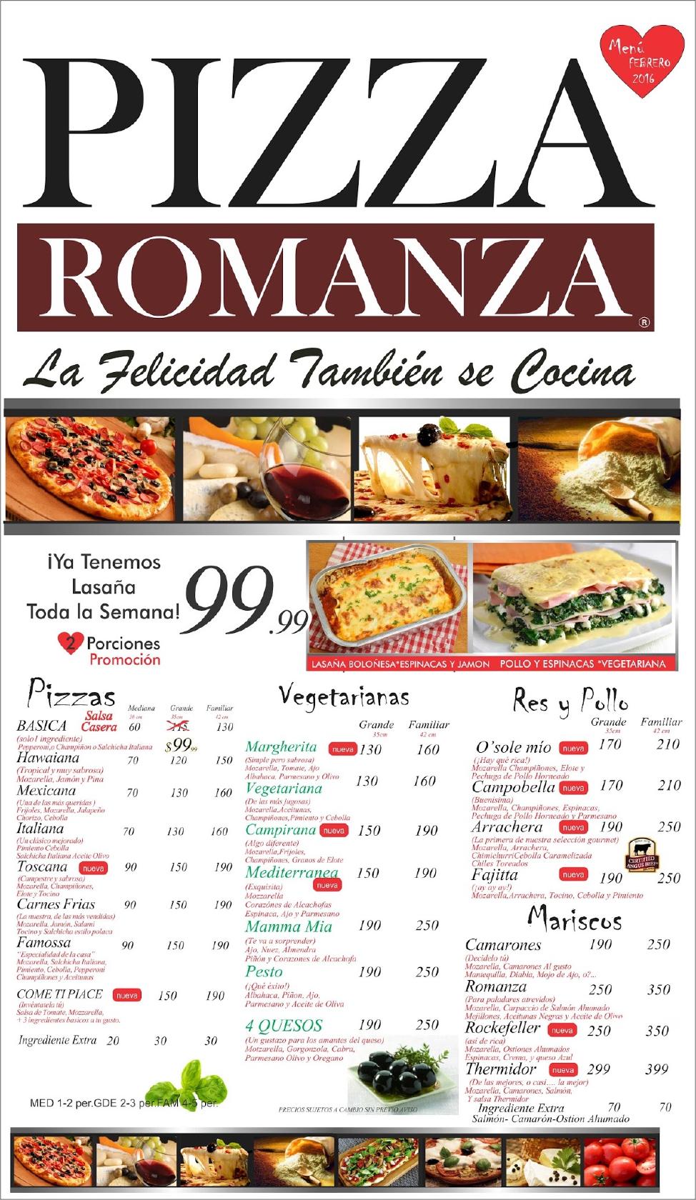 Menu at Pizza Romanza pizzeria, Mexico City, Av. Marina Nacional 92