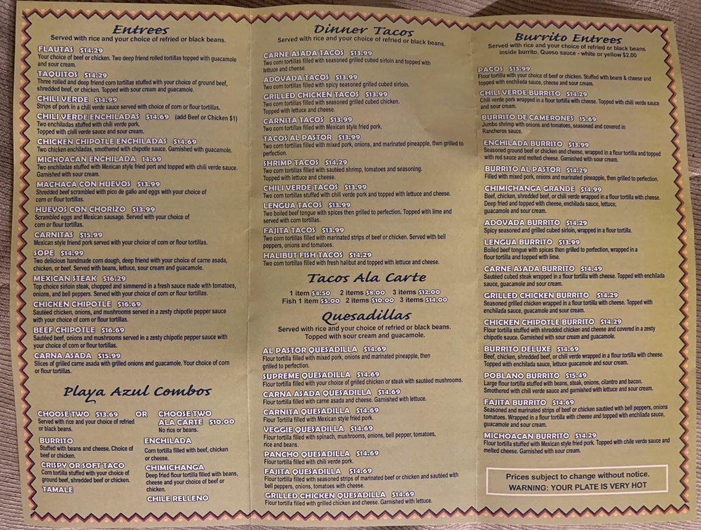 Menu at Playa Azul restaurant, Kenai