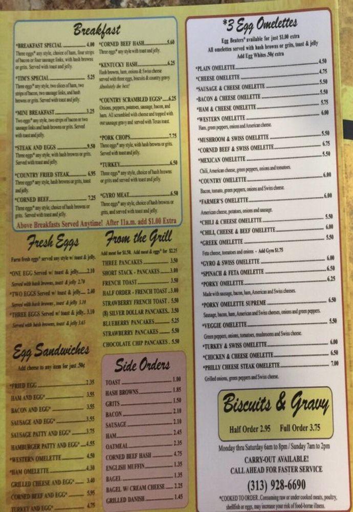 Menu at Tim's Coney Island Restaurant, Allen Park