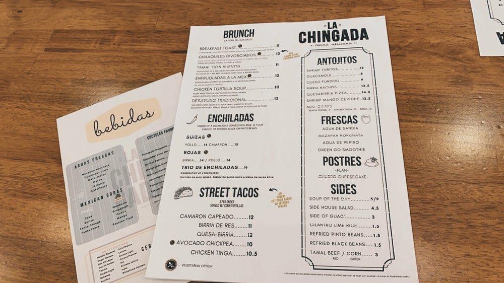 Carta del restaurante La Chingada, Tucson