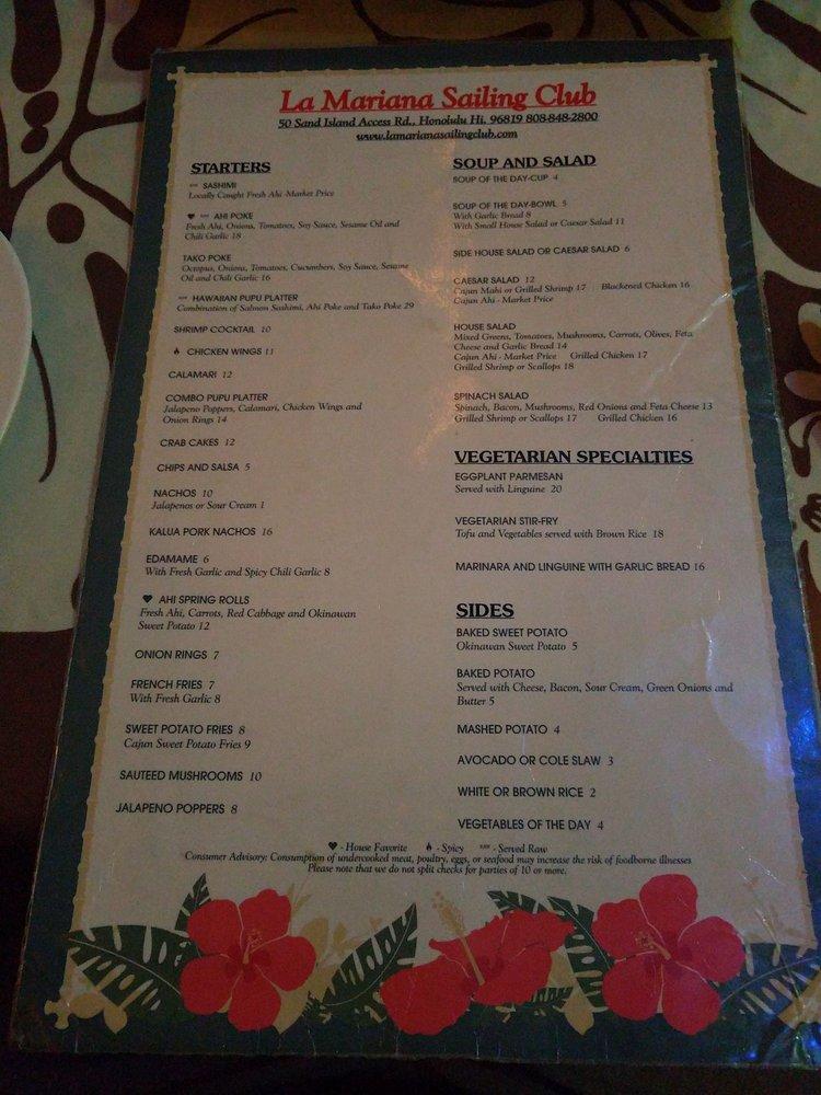Menu at La Mariana Sailing Club, Honolulu, 50 Sand Island Access Rd