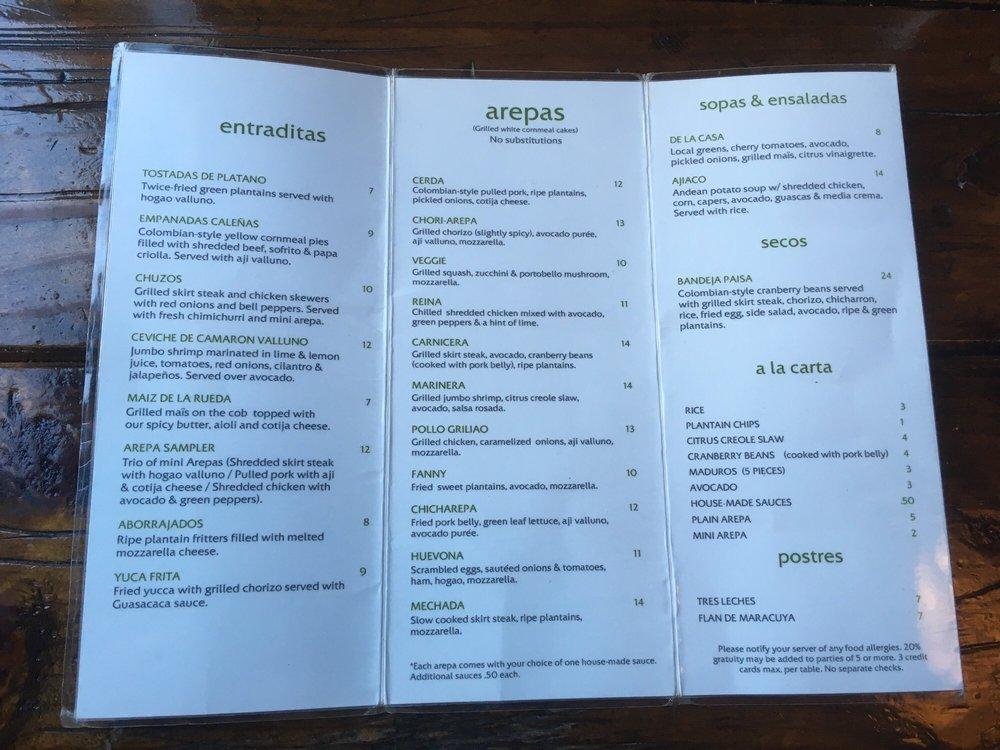 Menu at Maïs Arepas pub & bar, New Orleans