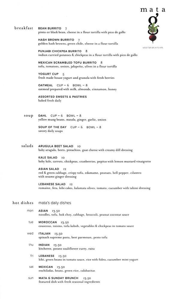 Menu at Mata G restaurant, Albuquerque