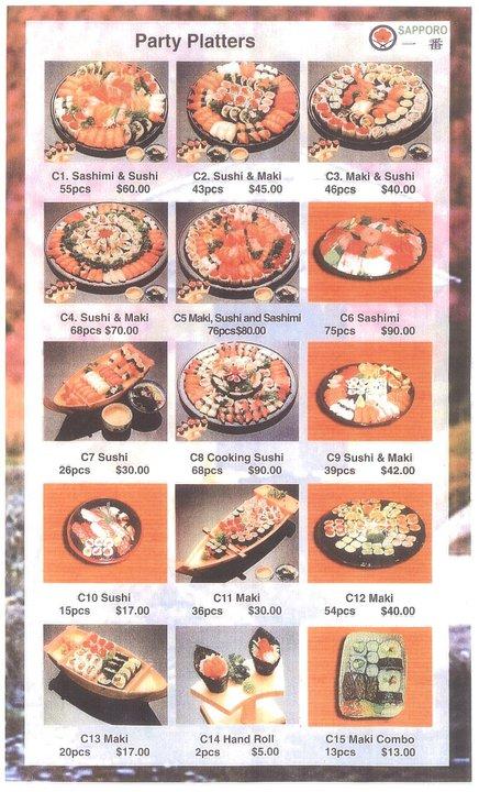 Menu at Sapporo Ichibang restaurant, Sudbury
