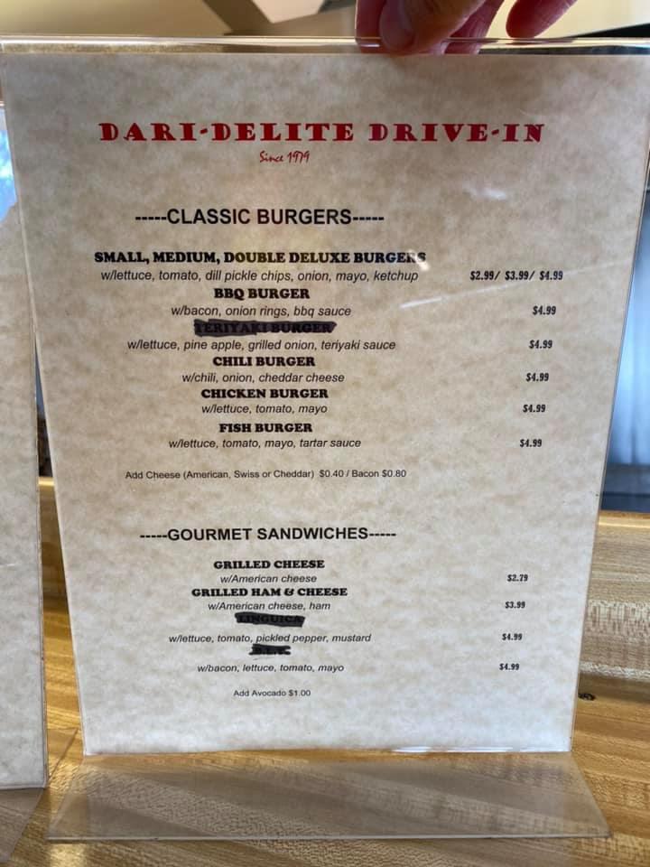 Menu at Dari Delite Drive-In fast food, Morgan Hill