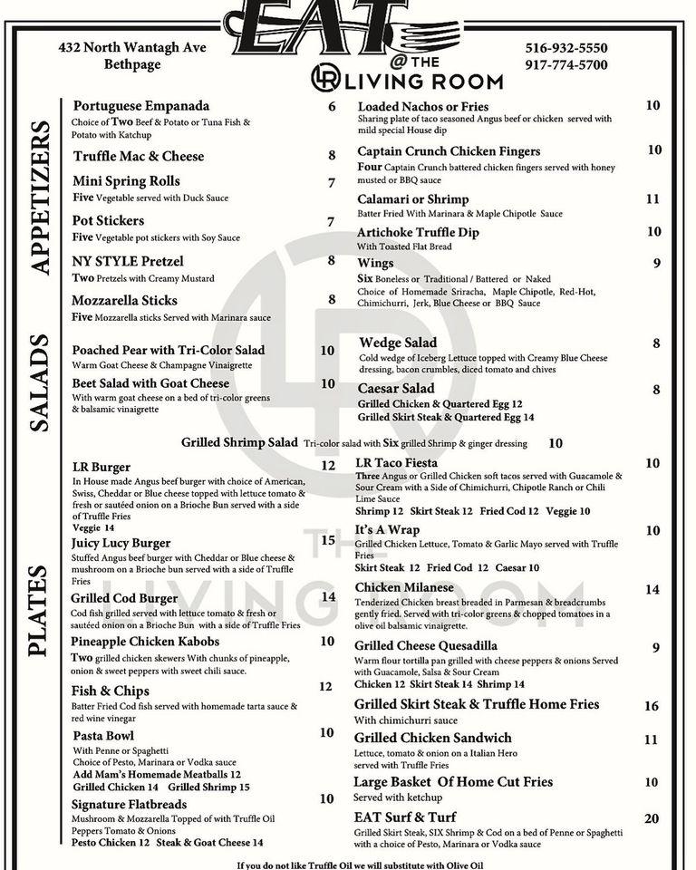 Menu at EAT At The Living Room pub & bar, Bethpage