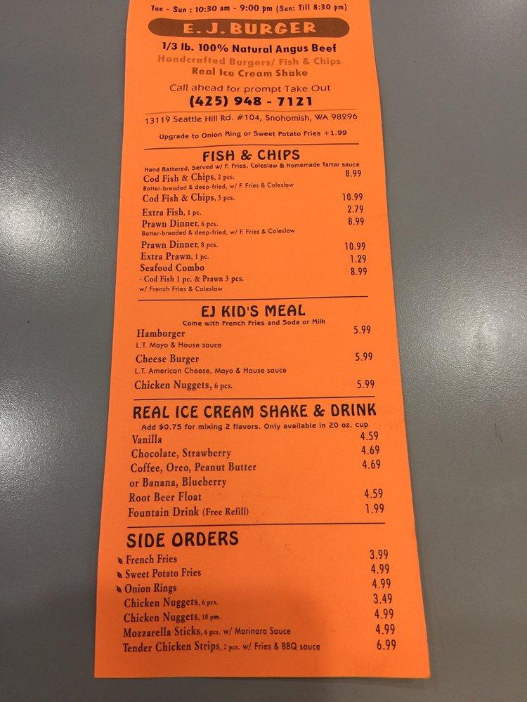 Menu at EJ Burger restaurant, Cathcart