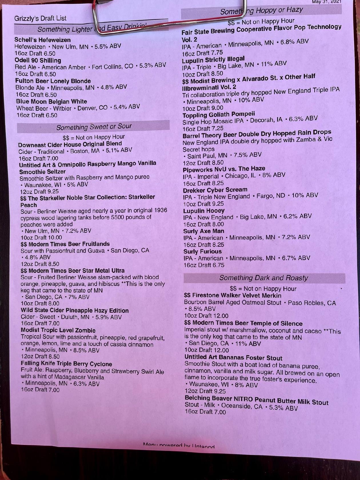 Menu at Grizzly's Wood-Fired Grill restaurant, Plymouth