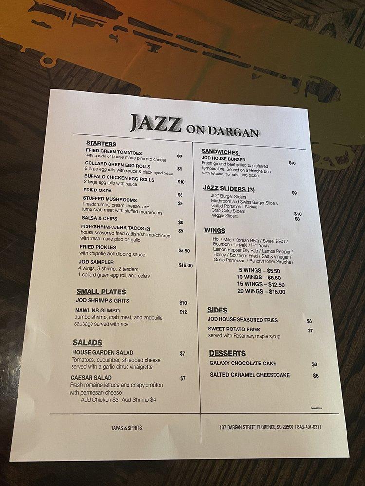 Menu at Jazz On Dargan pub & bar, Florence