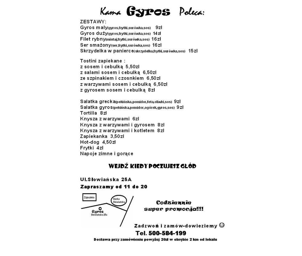 Menu at Kama Gyros restaurant, Wrocław