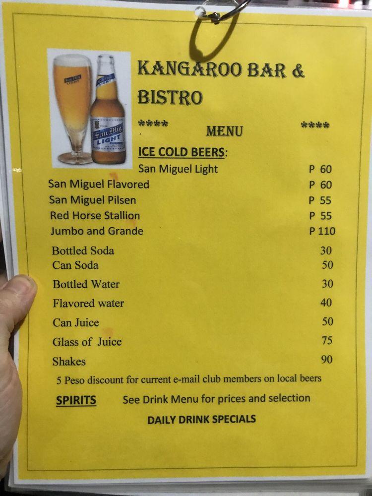 Menu at Kangaroo Bar, Lapu-Lapu City, 6 Pajac-Maribago Rd