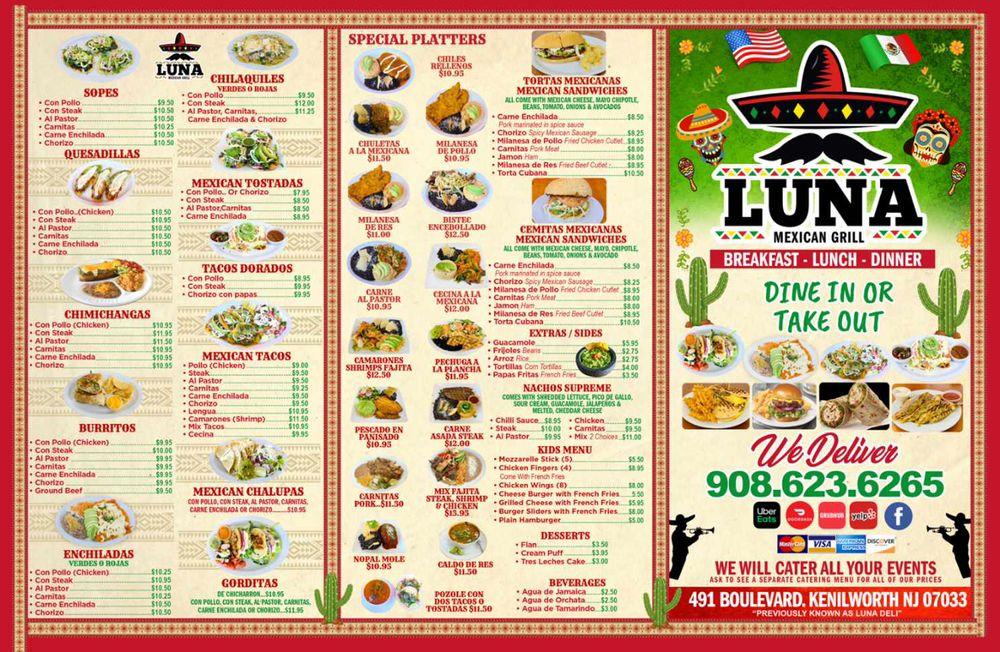 Menu at Luna restaurant, Kenilworth