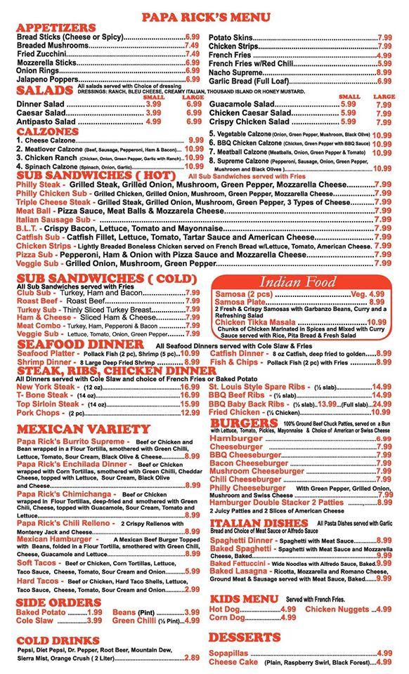 Menu at Papa Rick's Pizza pizzeria, Aurora, S Parker Rd