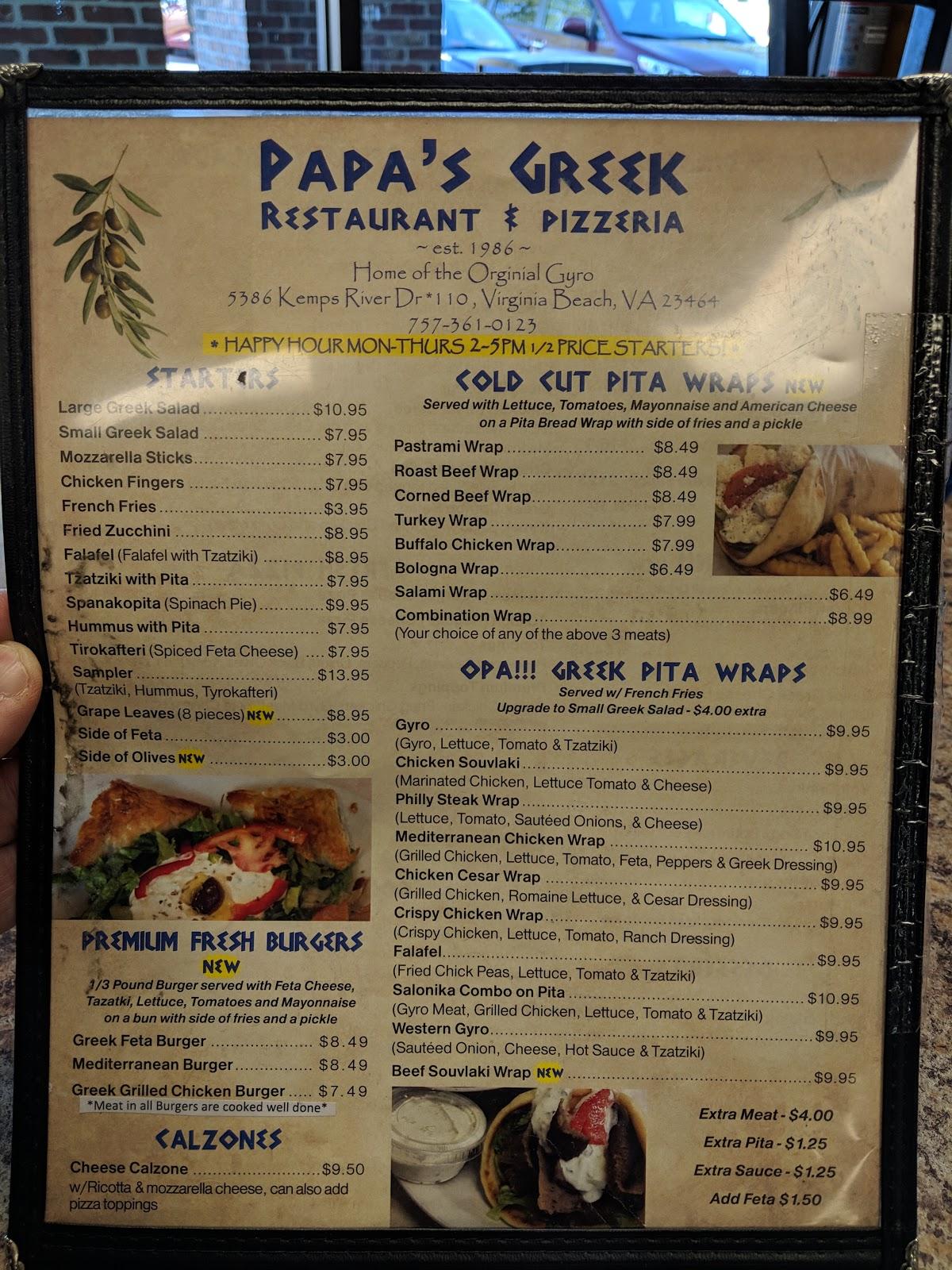 Menu at Papa's Greek family restaurant, Papas pizza, Virginia Beach
