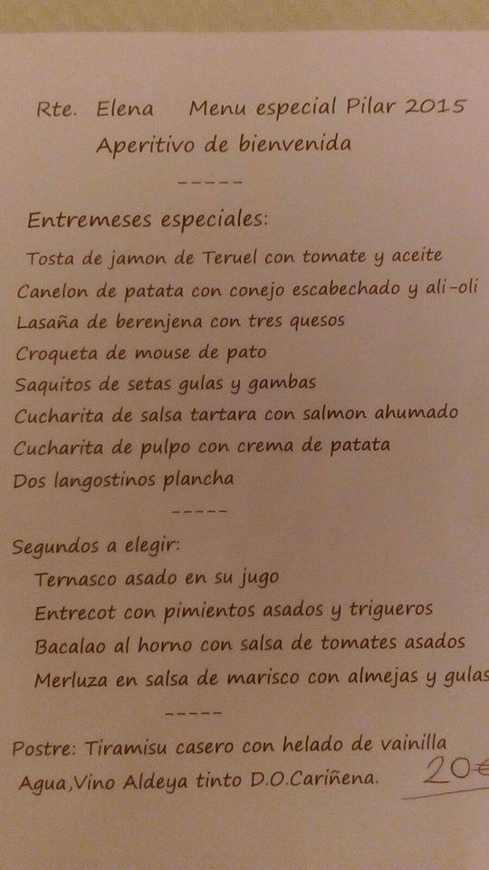 Carta de Restaurante Elena, Fuentes de Ebro