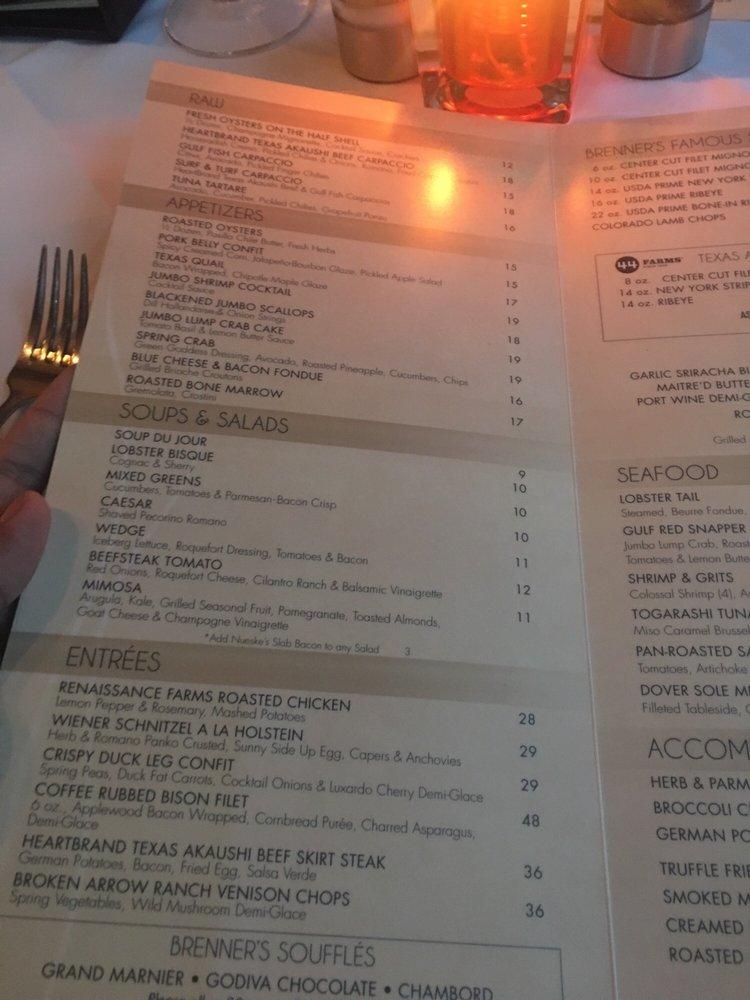 Menu at Brenner's on the Bayou steakhouse, Houston, 1 Birdsall St