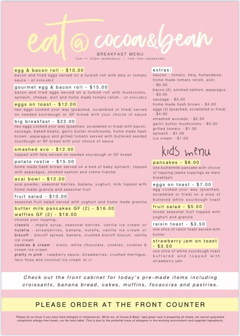 Menu at Cocoa & Bean cafe, Griffith