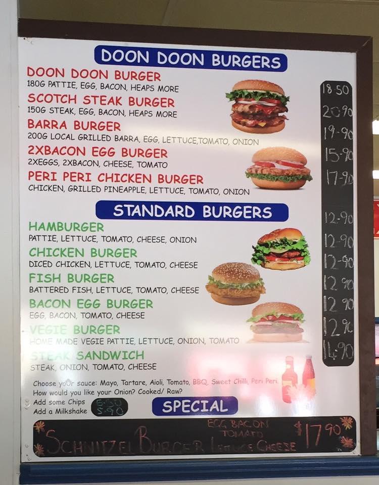 Menu at Doon Doon Roadhouse fast food, Australia