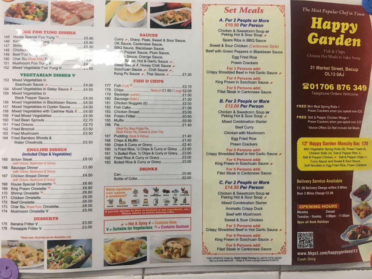 Menu at Happy Garden Fish & Chips, Chinese Takeaway restaurant, Bacup