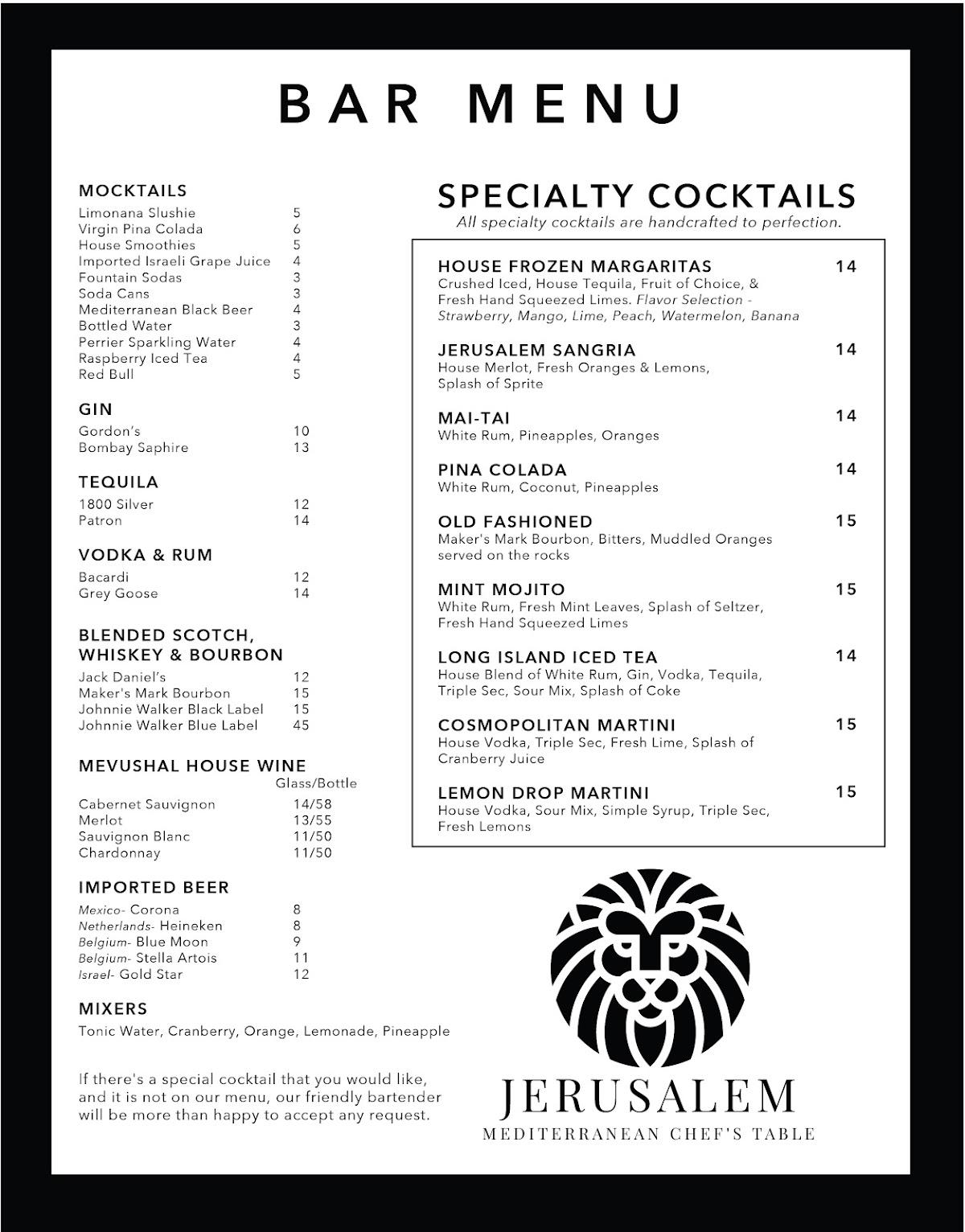 Menu at Jerusalem Chef's Table pub & bar, Las Vegas