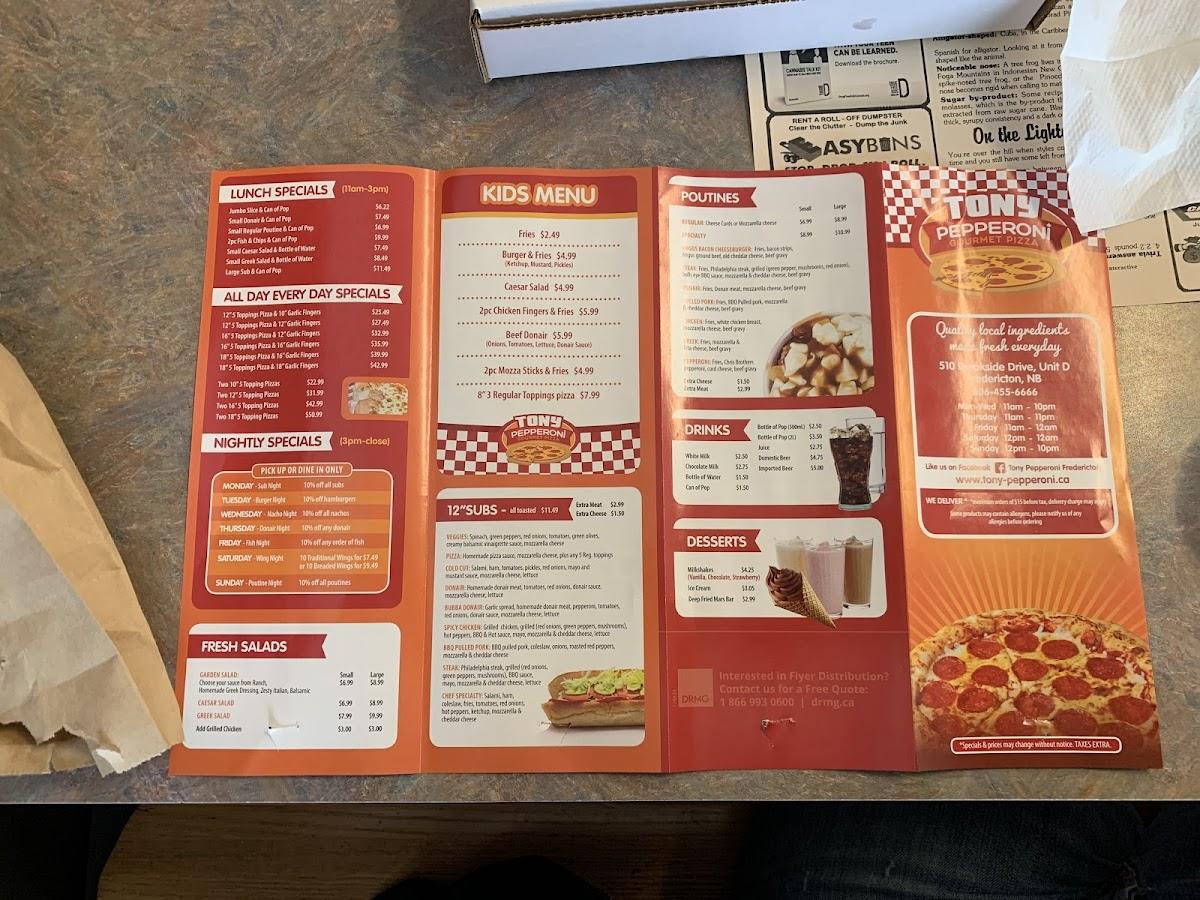 Menu at Tony Pepperoni Gourmet Pizza - Fredericton North Side pizzeria ...