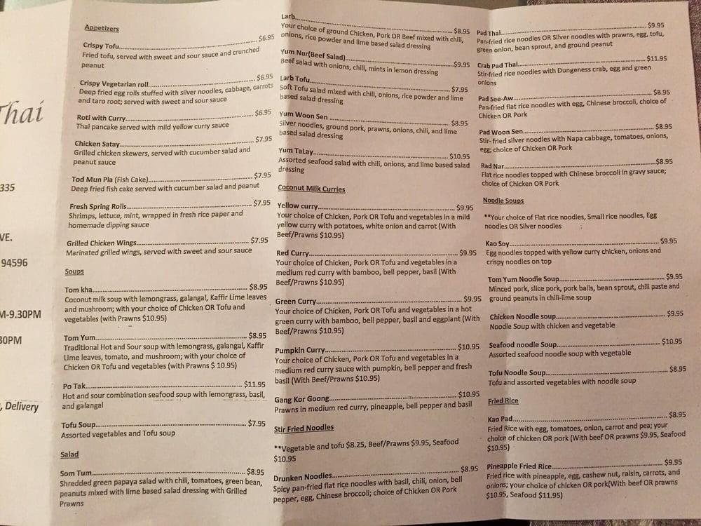 Menu at Vanda Thai restaurant, Walnut Creek