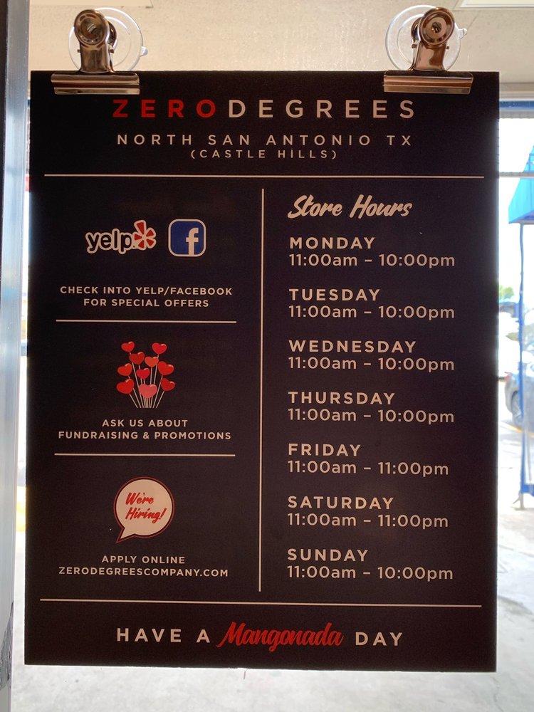 Menu at Zero Degrees restaurant, San Antonio, Blanco Road