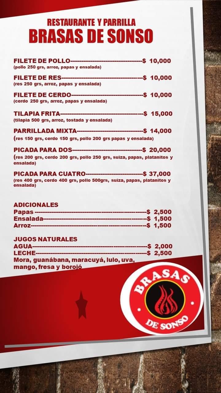 Menu at Brasas de Sonso restaurant, Colombia