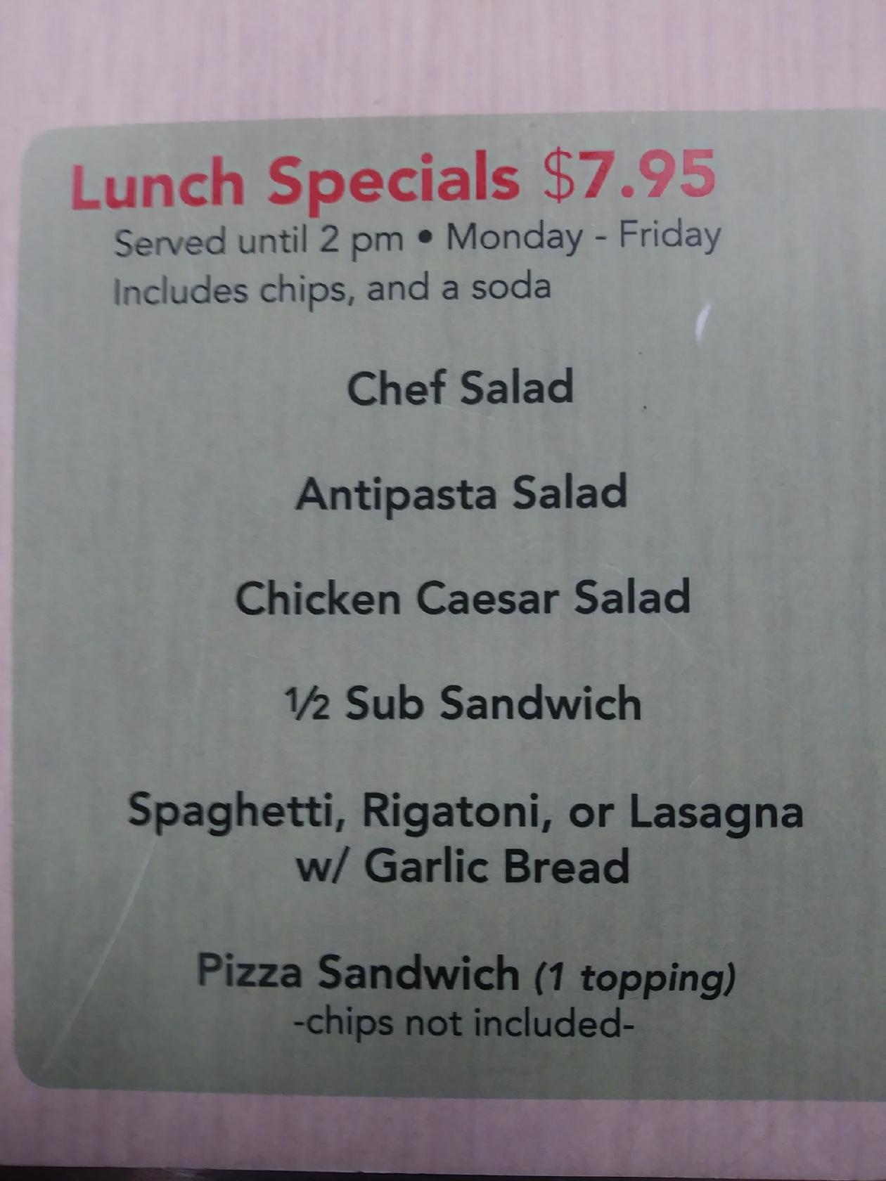 Menu at Carbone's Pizzeria, Stillwater