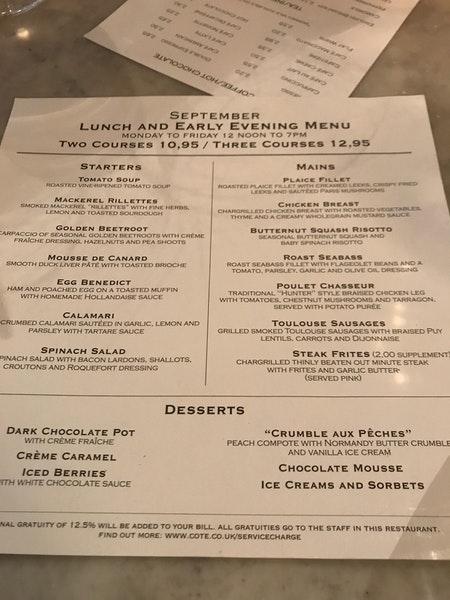 Menu at Côte York restaurant, York