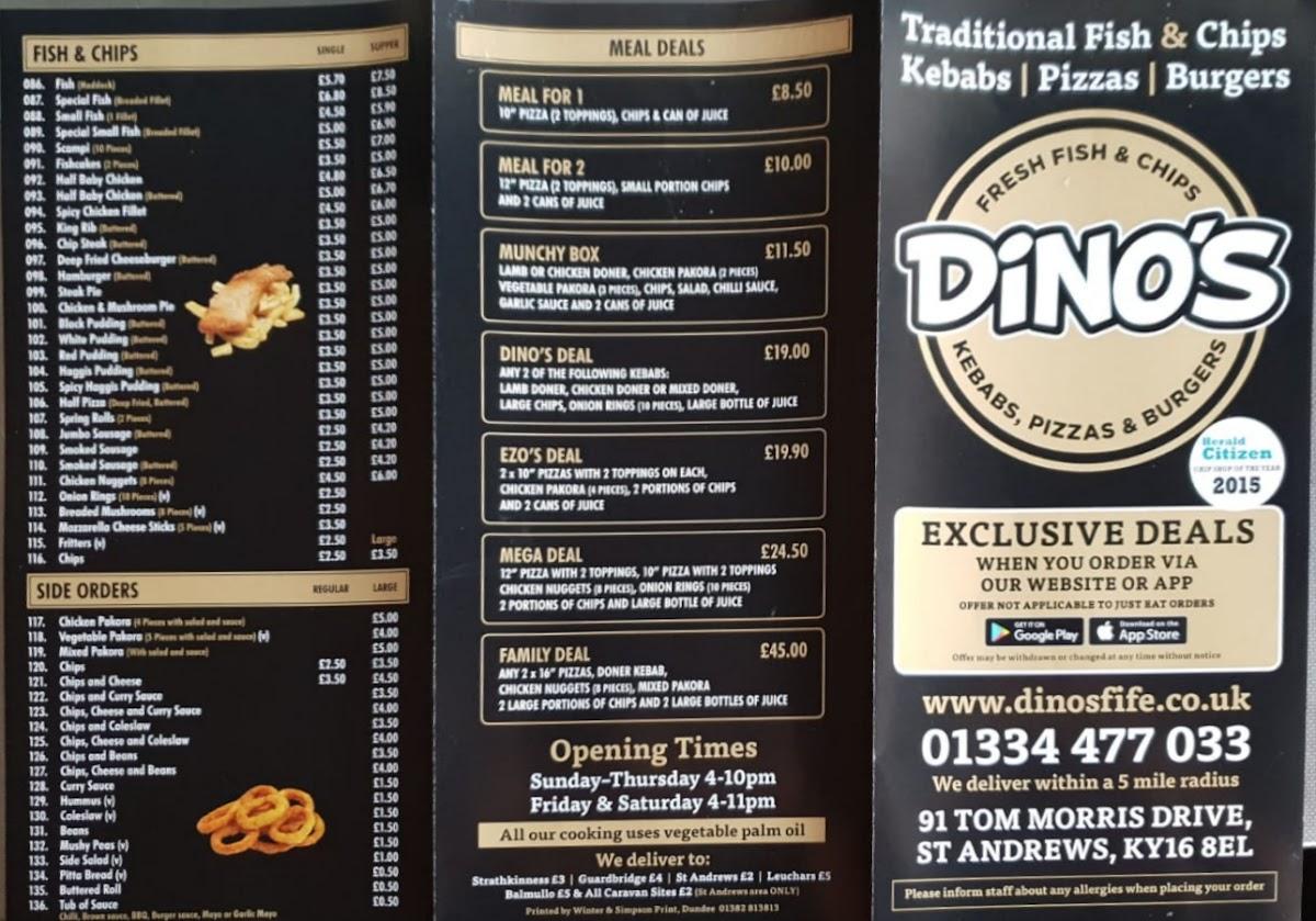 Menu at Dino's St Andrews pizzeria, Saint Andrews