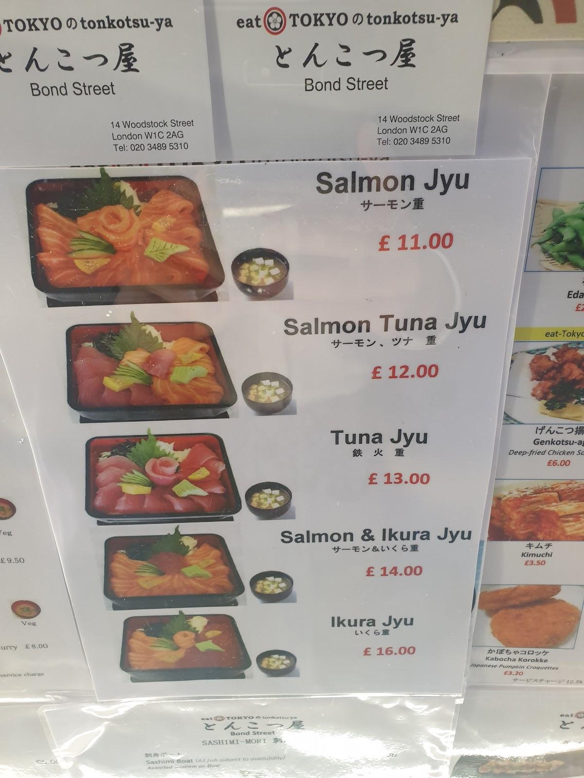 Menu at Eat Tokyo Tonkotsu ya restaurant, London, 14 Woodstock St