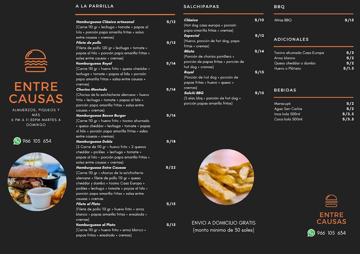 Menu at Entre Causas burger restaurant, San Juan de Miraflores